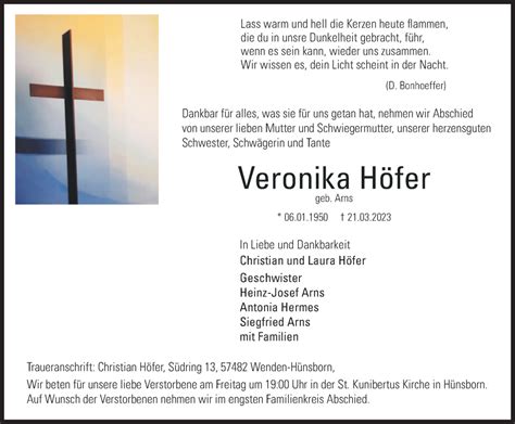 Traueranzeigen Von Veronika Höfer Trauer In Nrwde