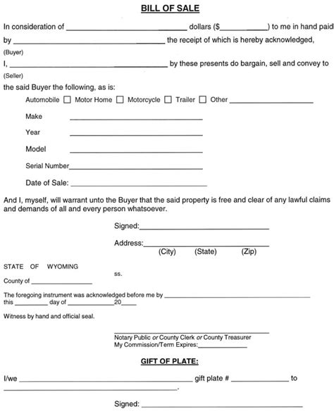 Wyoming Motor Vehicle Bill Of Sale Form Pdf Word