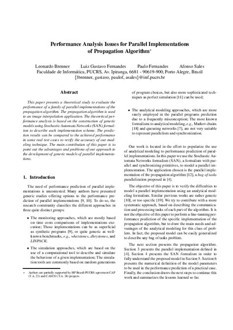 Pdf Performance Analysis Issues For Parallel Implementations Of Propagation Algorithm