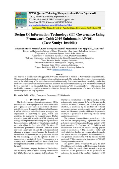 Pdf Design Of Information Technology It Governance Using Framework Cobit 2019 Subdomain Apo01