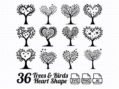 36 Heart Shape Tree Clipart Love Tree SVG PNG AI Romantic Tree Silhouette Nature Birds