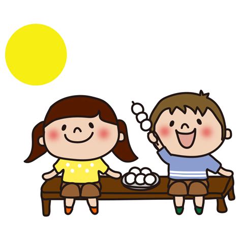 お月見をする子供たちの無料 フリー イラスト かわいい手描きの無料素材「てがきっず」保育園・小学校・介護施設にぴったりのフリー素材イラスト