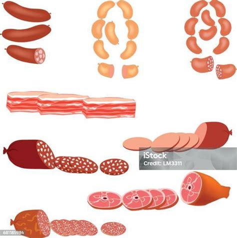 소시지의 집합입니다 베이컨 훈제 삶은 조각 흰색 배경에 고립 된 개체입니다 벡터 일러스트 레이 션 가공육에 대한 스톡 벡터 아트 및 기타 이미지 Istock