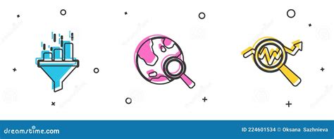 Set Sales Funnel With Chart Search Globe And Data Analysis Icon Vector Stock Vector