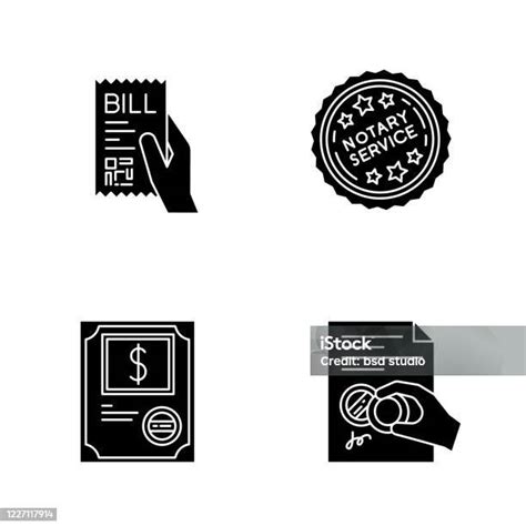 공증인 서비스 공백에 설정 된 검은 색 문말 아이콘 아포스티유 및 합법화 주식 증명서 빌 영수증 구매 확인 스탬프 실루엣 기호입니다 벡터 절연 그림 개념에 대한 스톡 벡터