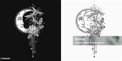 연꽃 비행 판타지 잠자리 얼굴 별이 있는 달 초승달 와 수직 흑백 천체 구성 신비롭고 신비로운 컨셉 빈티지 스타일 T 셔츠에 대한 스톡 벡터 아트 및 기타 이미지 Istock