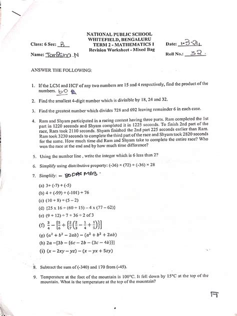 Class 6 Math 1 Wksheet Math 1 Pdf