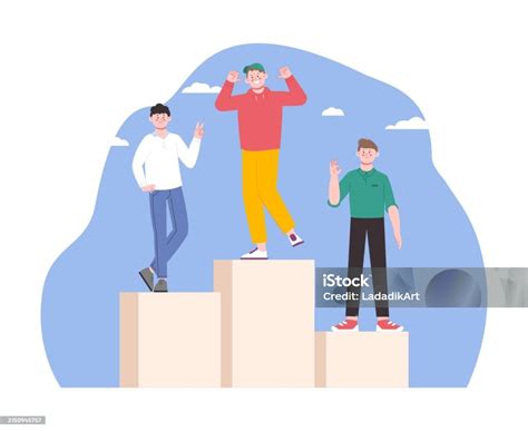 우승 컨셉 승리의 연단에 오른 남자들 스포츠 또는 비즈니스 경쟁 상 행복 한 남성 캐릭터 젊은 성인 우승자 벡터 장면