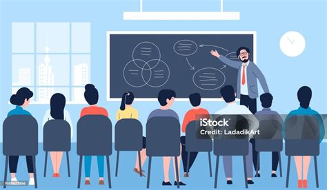 강의 교육 회사 연사 과정 또는 커리큘럼 비즈니스 컨퍼런스 프레젠테이션 학교 학생 교실 또는 홀 최근 벡터 수업 세미나에 대한 스톡 벡터 아트 및 기타 이미지 Istock