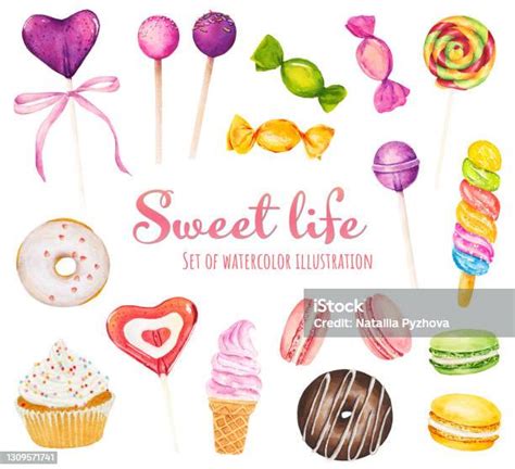 아이스크림 사탕 도넛 컵 케이크 롤리팝 과 흰색 배경에 고립 된 마카롱 수채화 과자의 세트 수채화에 대한 스톡 벡터 아트 및 기타 이미지 Istock