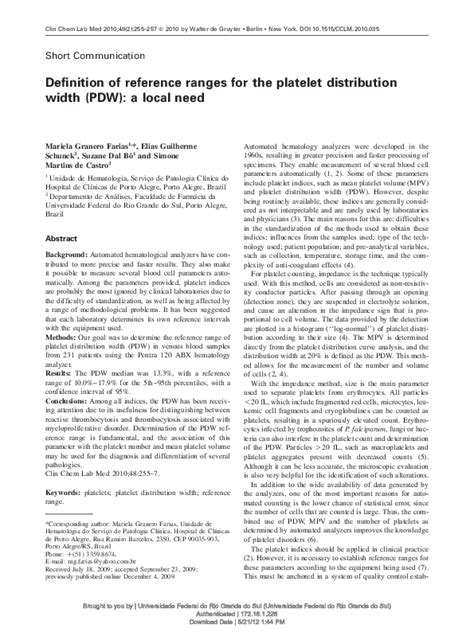 Pdf Definition Of Reference Ranges For The Platelet Distribution Width Pdw A Local Need