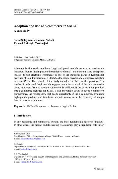 Pdf Adoption And Use Of E Commerce In Smes