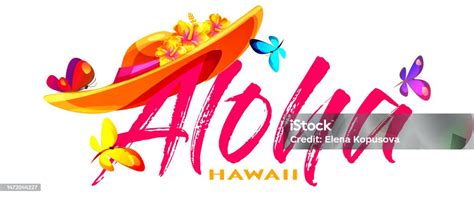 알로하 하와이 열대 휴가 개념 흰색 배경에 히비스커스 꽃과 나비가 있는 모자를 쓴 하와이어로 된 환영 텍스트 0명에 대한 스톡 벡터 아트 및 기타 이미지 Istock
