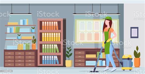 여자 진공 청소기 소녀를 사용 하 여 균일 진공 청소기 바닥 청소 서비스 개념 현대 공동 작업 센터 사무실 인테리어 평면 전체 길이 수평 가구에 대한 스톡 벡터 아트 및
