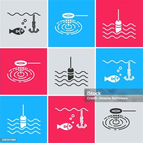 물고기와 물 에서 낚시 후크를 설정 물에 낚시 그물과 물 아이콘에 낚시 플로트 벡터 강에 대한 스톡 벡터 아트 및 기타 이미지 강 개념 개인 장식품 Istock