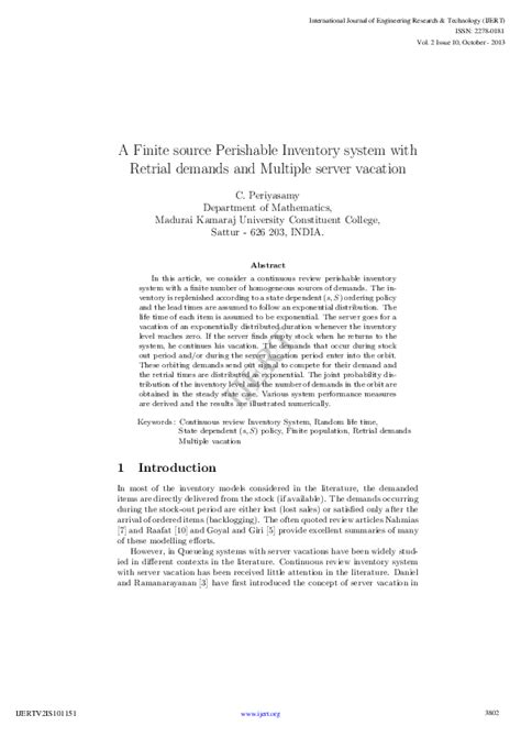 Pdf Ijert A Finite Source Perishable Inventory System With Retrial