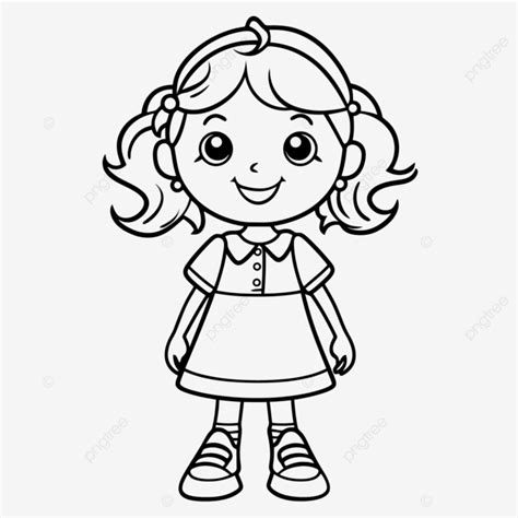 아이들을 위한 소녀 색칠 공부 페이지 벡터 소녀의 색칠 페이지 기본 간단한 귀여운 만화 독립 개요 흰색 배경에 고립 PNG 일러스트 및 벡터 에 대한 무료 다운로드