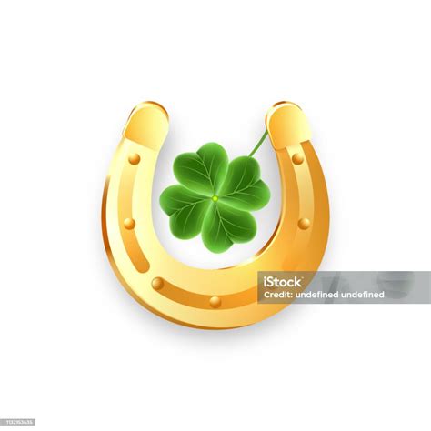 산 패트릭 스 데이 휴일에 3d 골드 말굽과 클로버 잎 아이콘입니다 말 신발 아일랜드 축제 스코틀랜드 장식에 대 한 샴 록 행운의 상징 행운의 사인 St Patricks