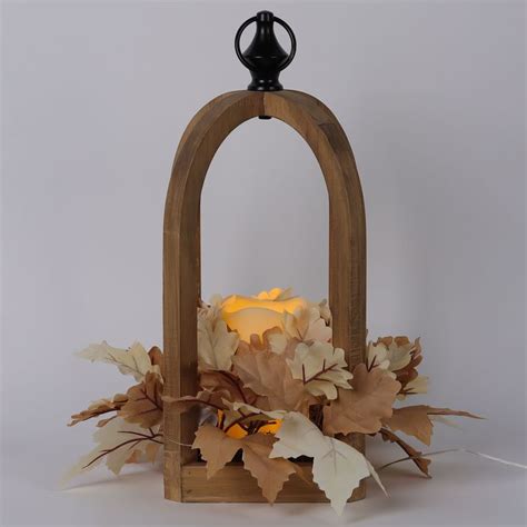 Harvest Wood Lantern With Cream Leaves And Flameless Candle Indoor Decor