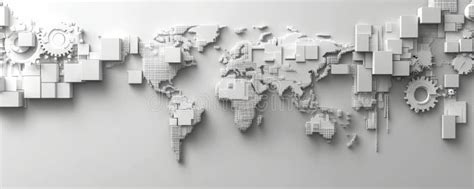 Abstract 3d World Map With Geometric Shapes And Gears On Gray Background For Presentations Or
