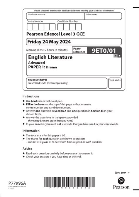 2024 Pearson Edexcel Level 3 Gce Friday 24 May 2024 English Literature