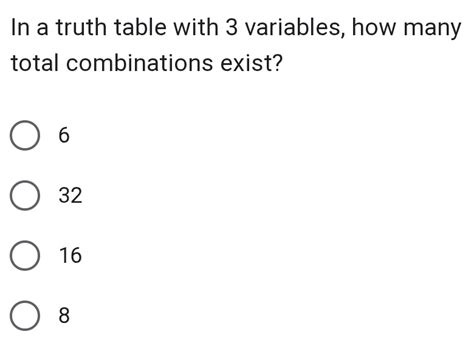 Solved In A Truth Table With 3 Variables How Many Total Combinations