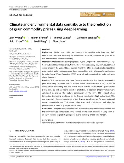 Pdf Climate And Environmental Data Contribute To The Prediction Of Grain Commodity Prices