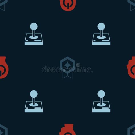 Set Power Button Game Rating With Medal And Joystick For Arcade Machine On Seamless Pattern