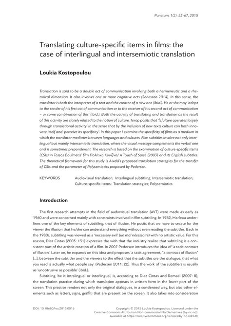 Pdf Translating Culture Specific Items In Films The Case Of Interlingual And Intersemiotic