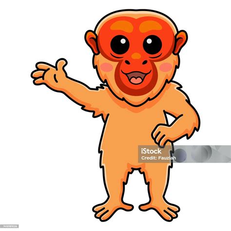 Kartun Monyet Uakari Botak Lucu Melambaikan Tangan Ilustrasi Stok