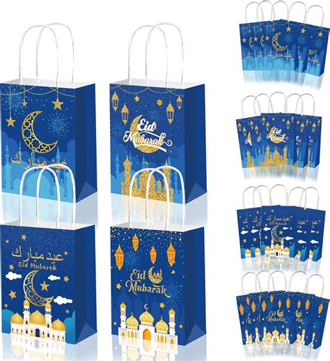 12 Stücke Eid Mubarak Party Tüte Bayram Zuckerfest Geschenkbox Gold Ramadan Moschee Gedruckte