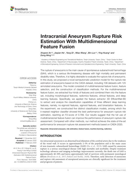 Pdf Intracranial Aneurysm Rupture Risk Estimation With Multidimensional Feature Fusion