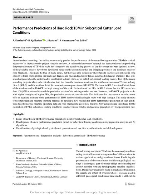 Performance Predictions Of Hard Rock Tbm In Subcritical Cutter Load Conditions Request Pdf