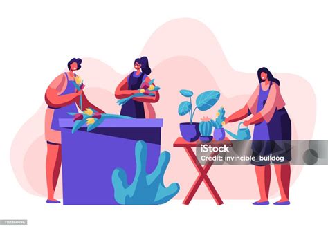 꽃가 게 물건 작업 꽃 부케를 만드는 소녀 냄비에 식물의 손질 고객 또는 클라이언트에 대 한 디자인 조성 물 만들기 꽃집 직업 직업 만화 평면 벡터 일러스트 잎에 대한 스톡