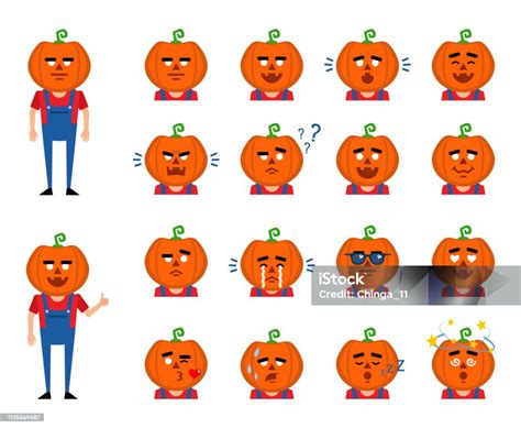다양 한 표정을 보여주는 할로윈 호박 이모티콘 세트 행복 하 고 슬픈 화가 놀 랐 다 피곤 하 고 다 쳤 고 다른 감정 감정에 대한 스톡 벡터 아트 및 기타 이미지 Istock