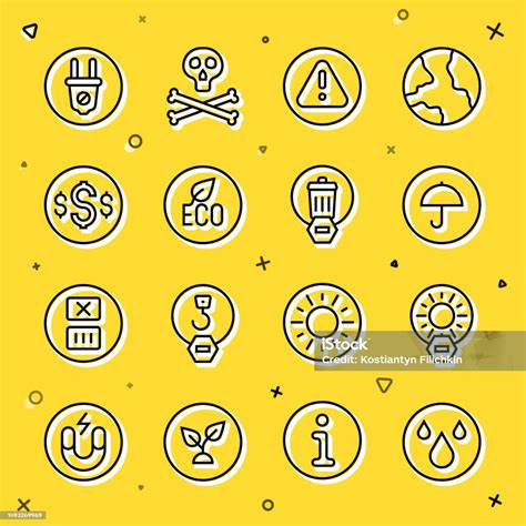 세트 라인 물방울 직사광선 없음 우산이 있는 배달 패키지 삼각형의 느낌표 잎 에코 기호 달러 전기 플러그 및 쓰레기통 아이콘 벡터 건설 산업에 대한 스톡 벡터 아트 및 기타