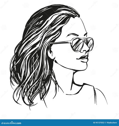 Girl In Sunglasses Beautiful Woman Face Hand Drawn Vector
