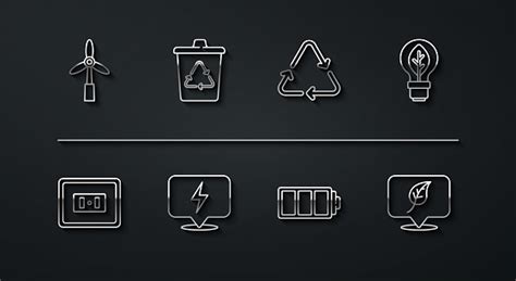라인 풍력 터빈 전기 콘센트 잎이 있는 전구 배터리 번개 재활용 재활용 위치 및 기호 아이콘을 설정합니다 벡터 0명에 대한 스톡 벡터 아트 및 기타 이미지 Istock