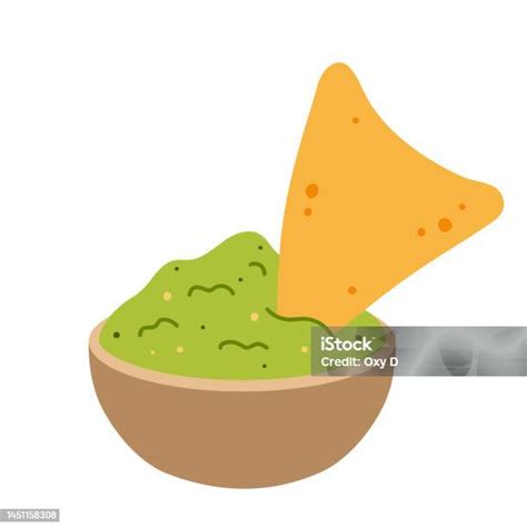 아보카도 소스와 나초 전통적인 멕시코 음식 옥수수 또띠아 칩과 아보카도 소스 흰색 배경에 격리된 손으로 그린 컬러 평면 벡터 그림 구아카몰에 대한 스톡 벡터 아트 및 기타