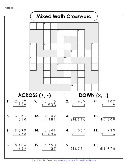 Math Crossword Add Subt Mult Div Printable Division Mixed 02 Pf Pdf Worksheet