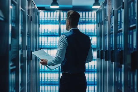 Businessman Working Checking Data Management In Data Storage Room