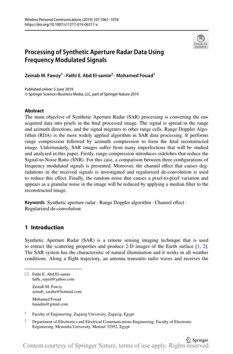 processing of synthetic aperture radar data using frequency modulated