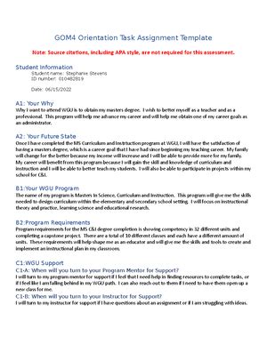 WGU Orientation Task Submission That I Passed With GOM1 Orientation Task 1 Assignment