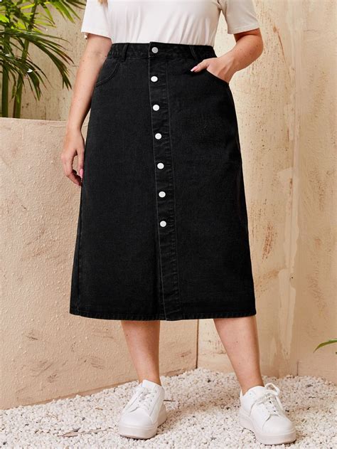 Plus High Waisted Button Front Denim Skirt Button Front Denim Skirt