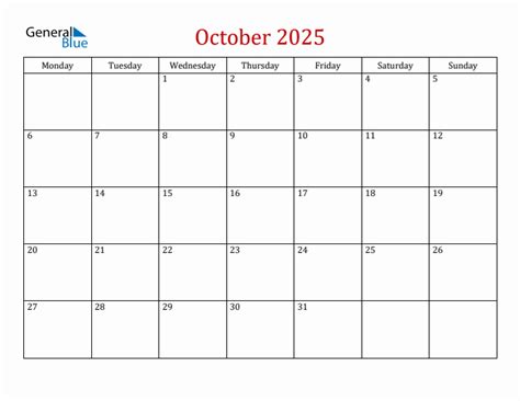 October 2025 Monday Start Calendar Pdf Excel Word