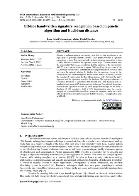 Pdf Off Line Handwritten Signature Recognition Based On Genetic Algorithm And Euclidean Distance