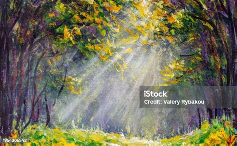 캔버스에 손으로 그린 유화 햇볕이 잘 드는 숲의 도로 여름 숲의 태양 광선 현대 미술 햇볕이 잘 드는 아늑한 풍경 그림 작품 캔버스 질감에 추상적인 유화 배경입니다 0명에