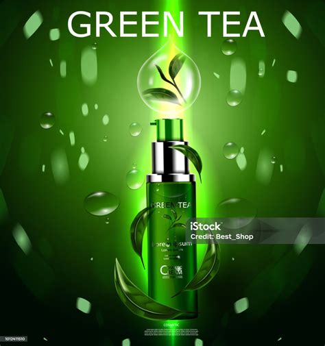 럭셔리 화장품 병 패키지 스킨 케어 크림 녹차 세럼 뷰티 화장품 제품 포스터 Bokeh 및 물 배경 콜라겐에 대한 스톡 벡터