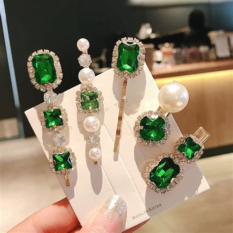 여성용 머리핀 모조 보석 에메랄드 바레트 럭셔리 헤어핀 클립 크리스탈 라인석 진주 머리핀 헤어 액세서리여성 헤어