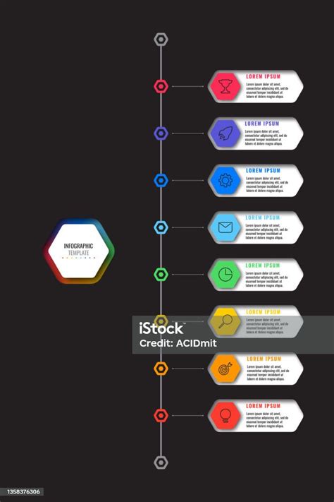 검은 색 배경에 얇은 선 아이콘이있는 8 개의 사실적 육각형 요소가있는 수직 타임라인 템플릿 종이에 기하학적 구멍이 있는 현대적인 다이어그램 프레젠테이션을 위한 벡터 시각화
